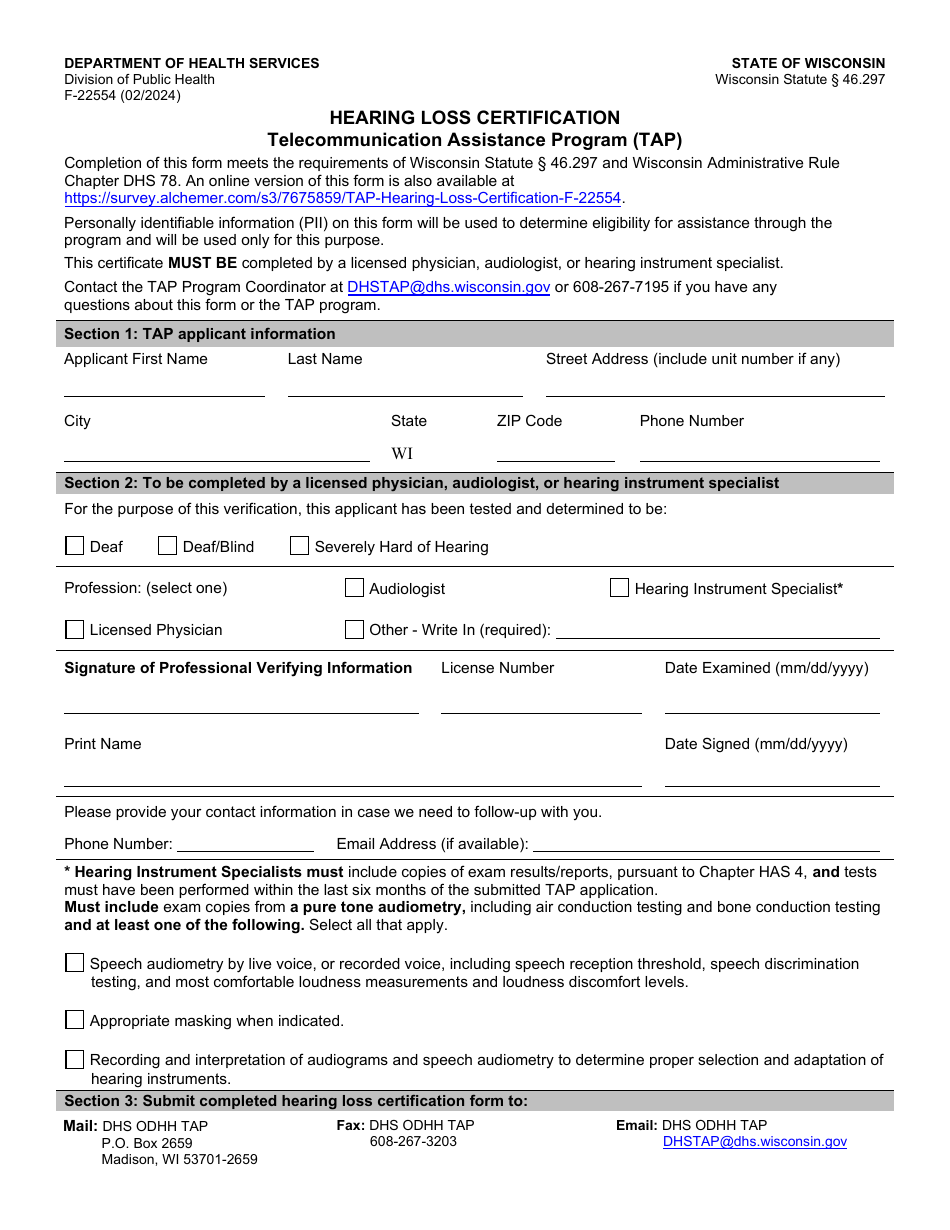 Form F-22554 Download Fillable PDF or Fill Online Hearing Loss Certification - Telecommunication ...