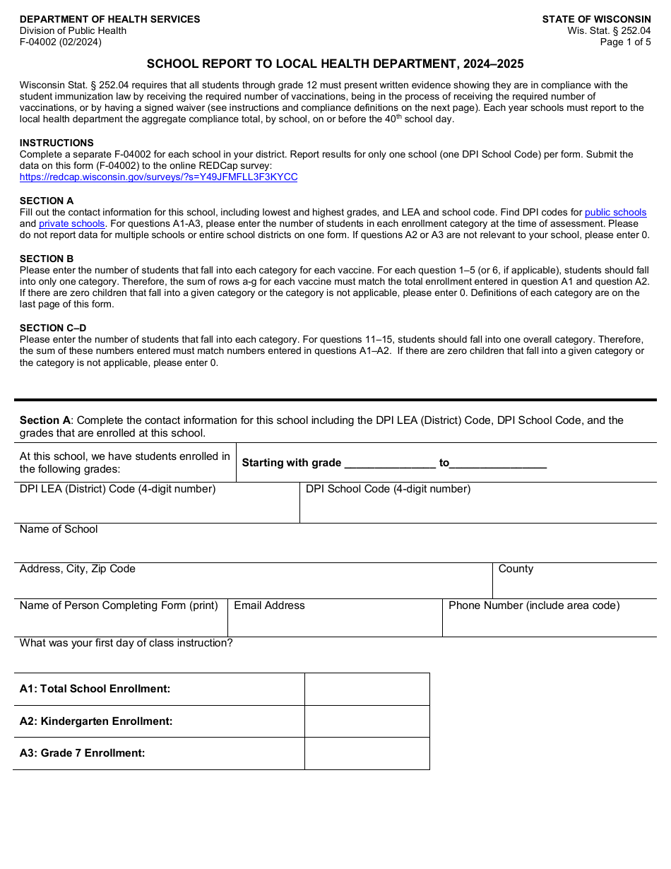 Form F-04002 Download Fillable PDF or Fill Online School Report to ...