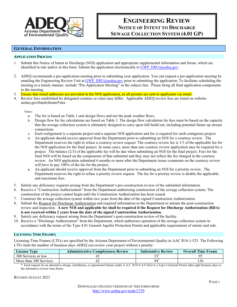 Arizona Engineering Review Notice of Intent to Discharge Sewage ...