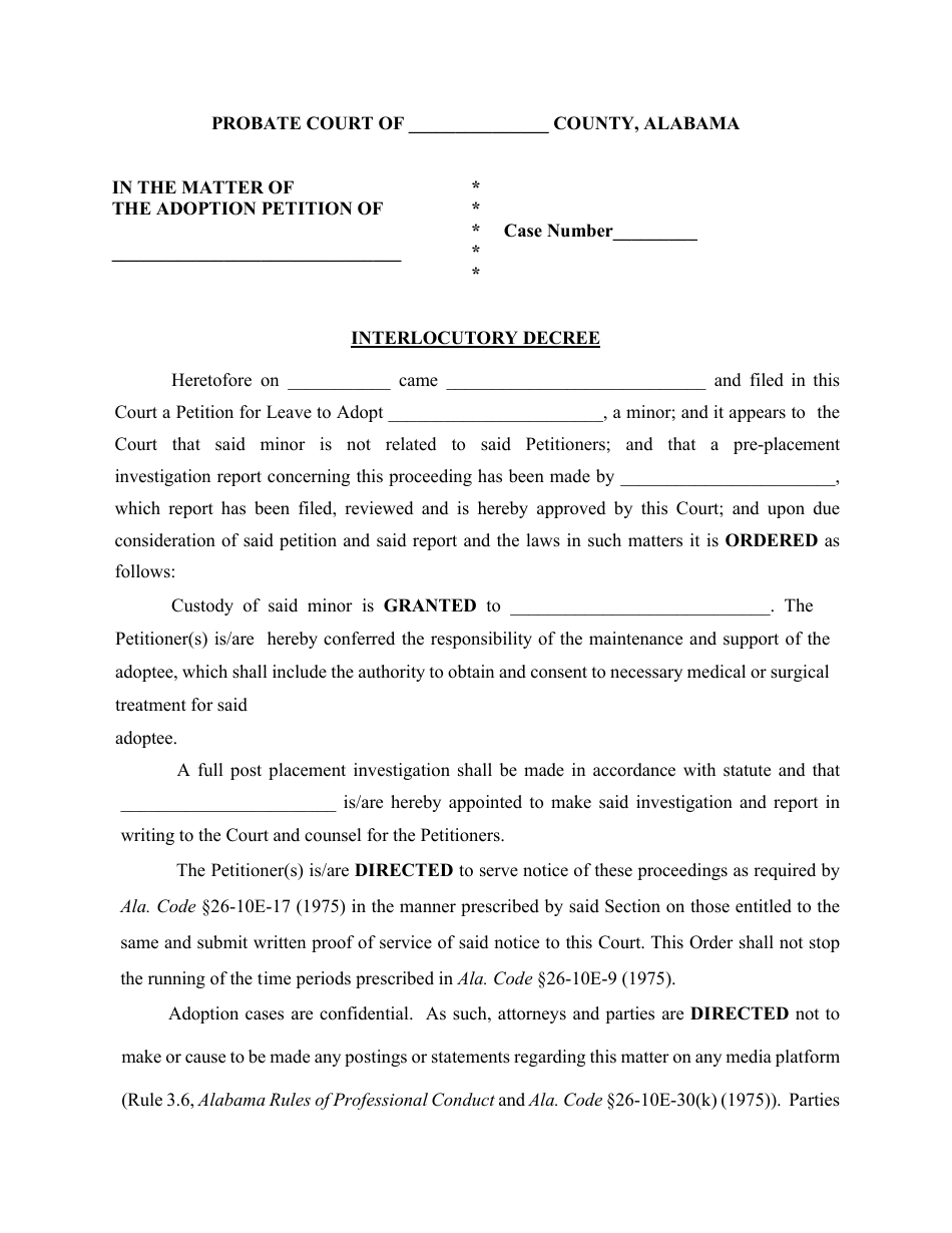 Alabama Interlocutory Decree - Non-related Preplacement - Fill Out ...