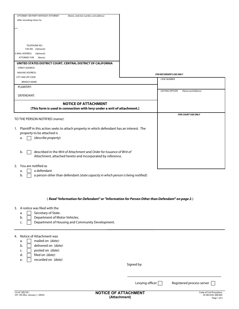 Form CV-4C Download Fillable PDF or Fill Online Notice of Attachment ...
