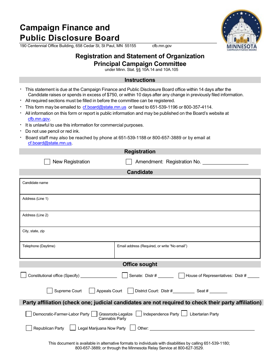 Minnesota Registration and Statement of Organization Principal Campaign ...
