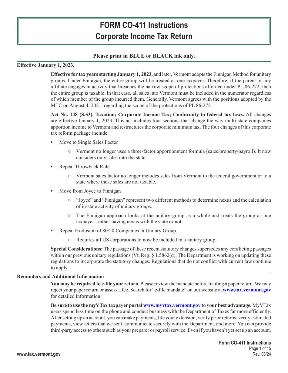 Download Instructions for Form CO-411 Vermont Corporate Income Tax ...