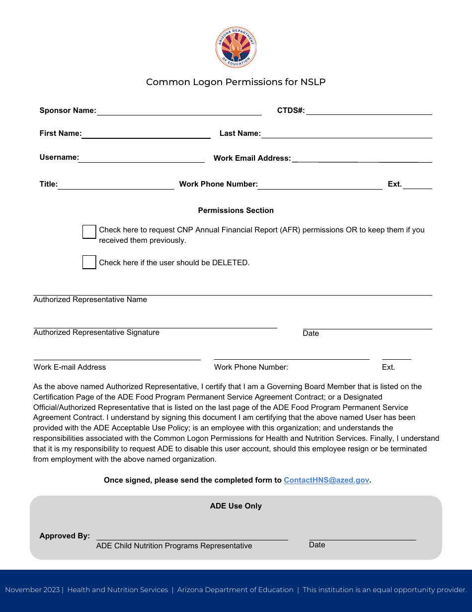 Arizona Common Logon Permissions for Nslp Download Fillable PDF ...