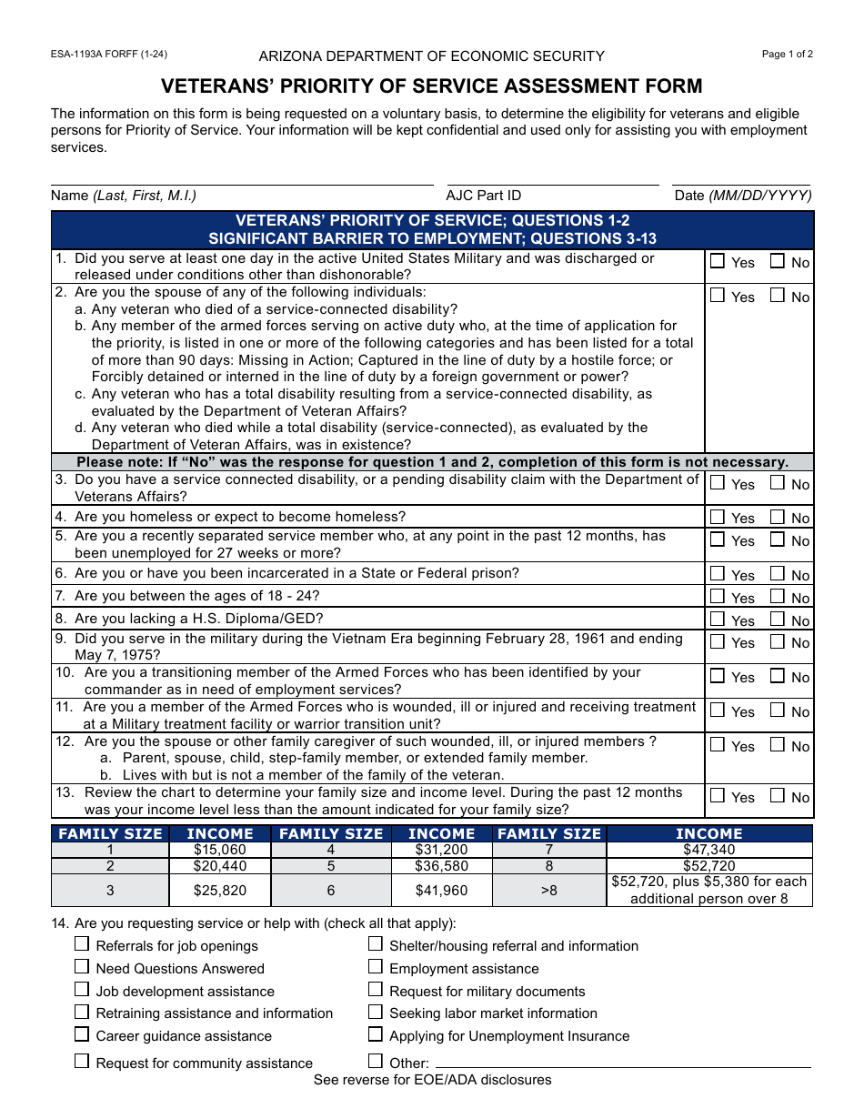 Form ESA-1193A Download Fillable PDF or Fill Online Veterans' Priority ...