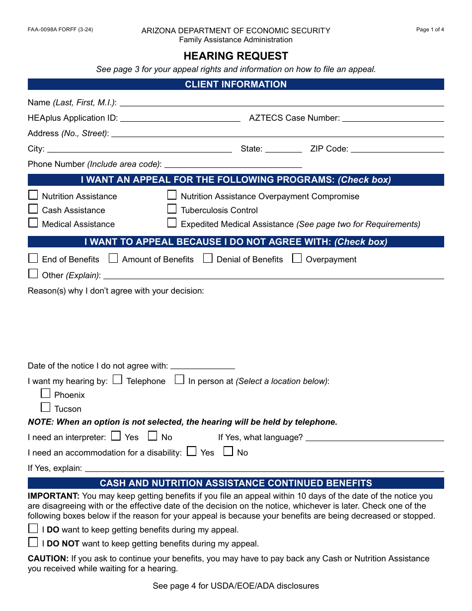 Form FAA-0098A Download Fillable PDF or Fill Online Hearing Request ...