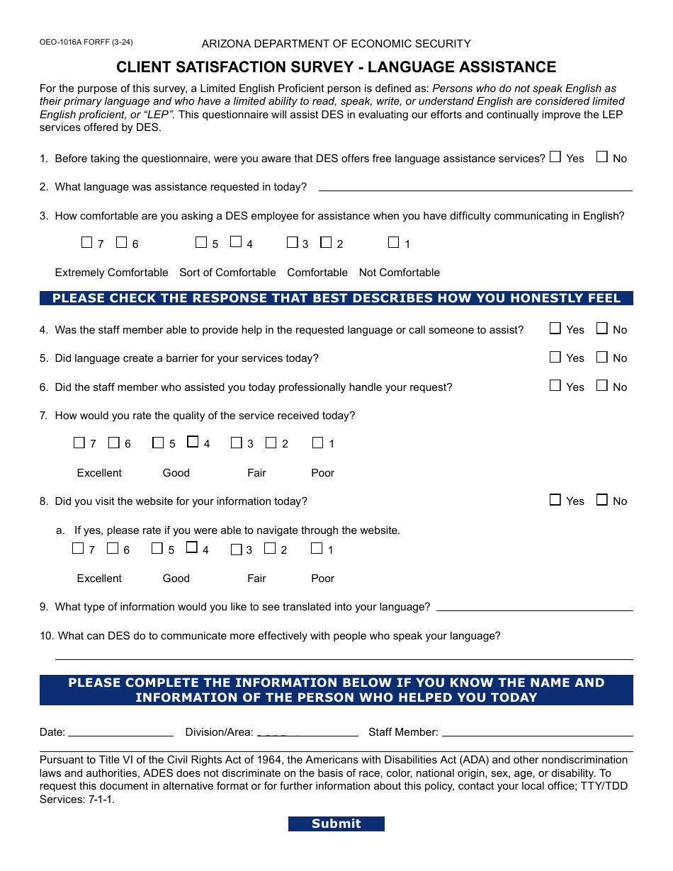 Form OEO-1016A Download Fillable PDF or Fill Online Client Satisfaction ...