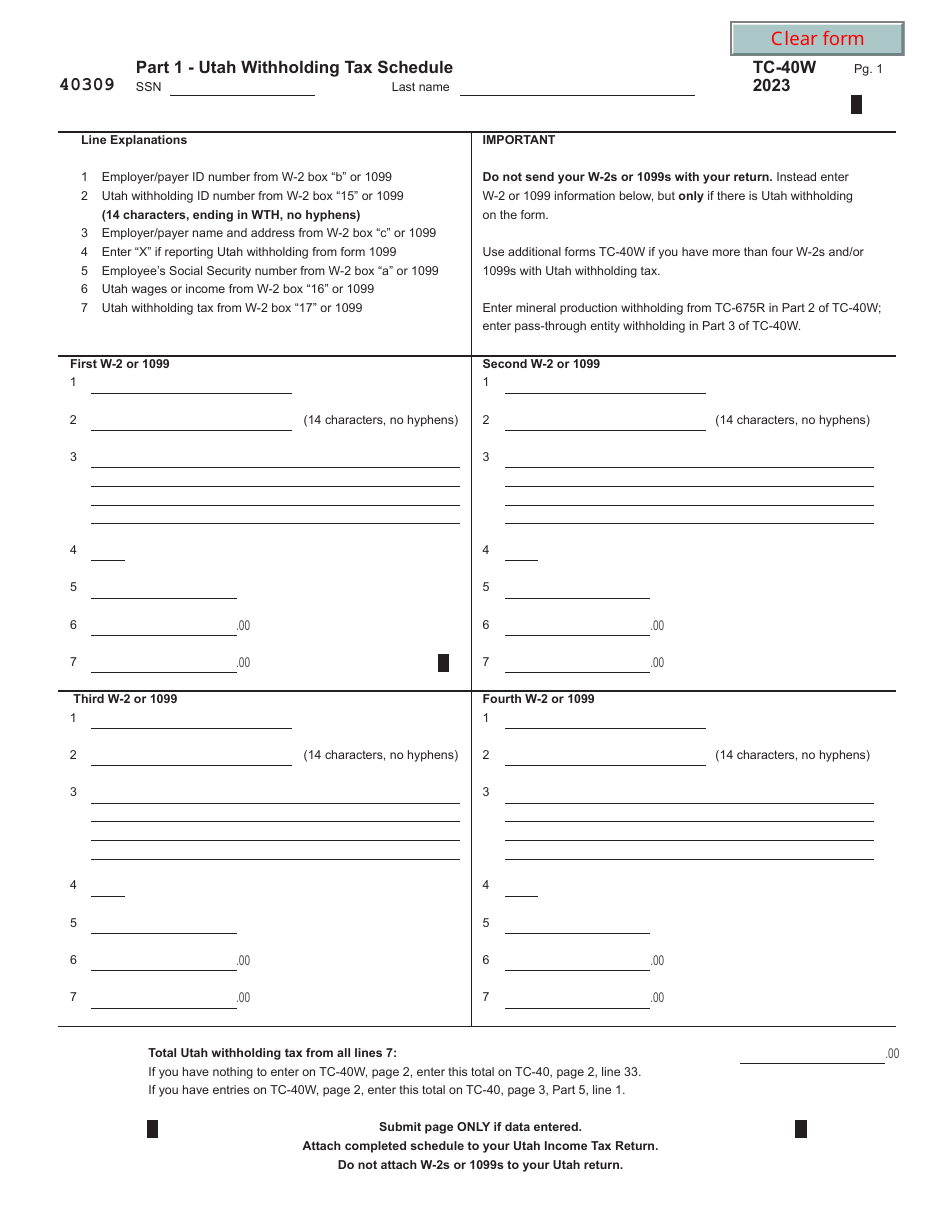 Form TC-40W Download Fillable PDF or Fill Online Utah Withholding Tax ...