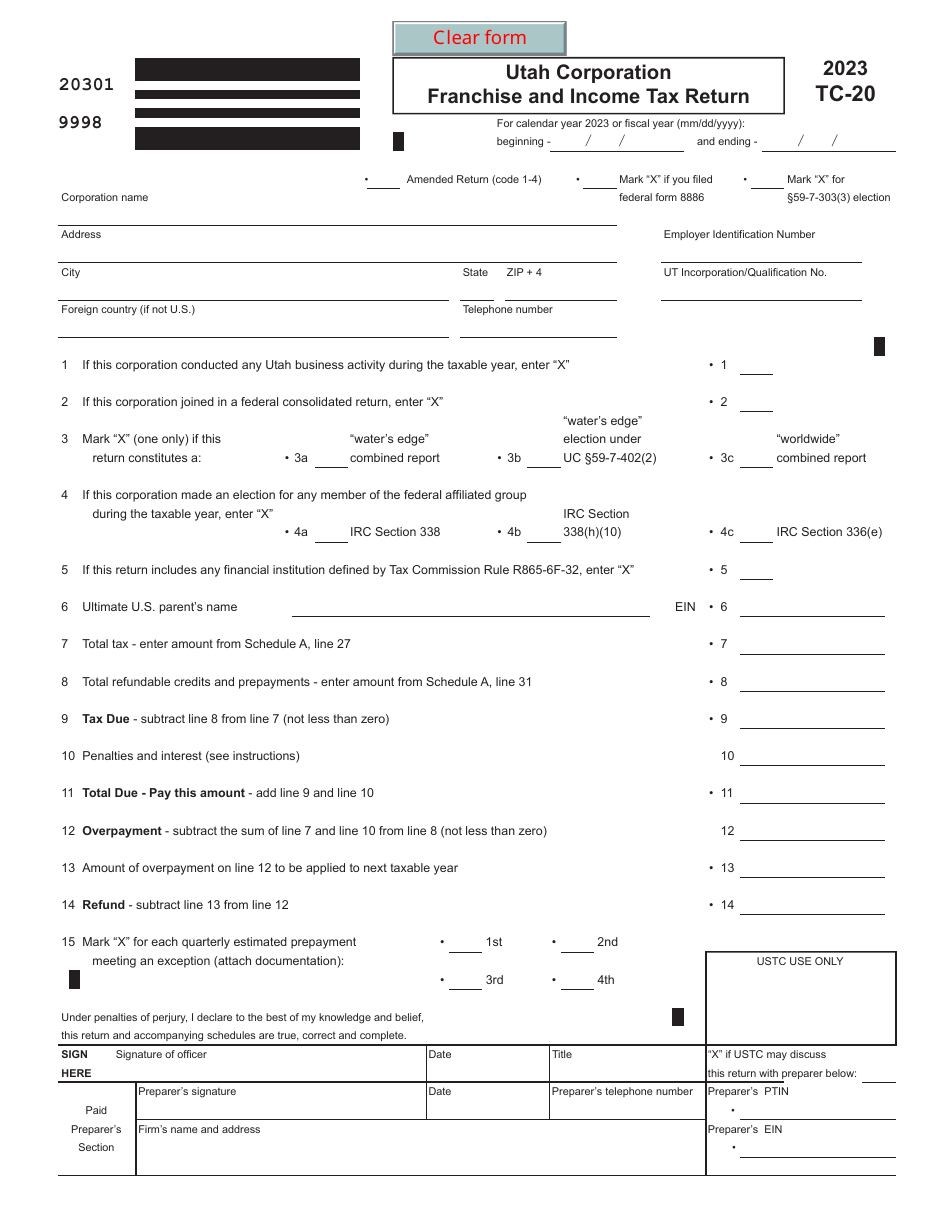 Form TC-20 Download Fillable PDF or Fill Online Utah Corporation ...