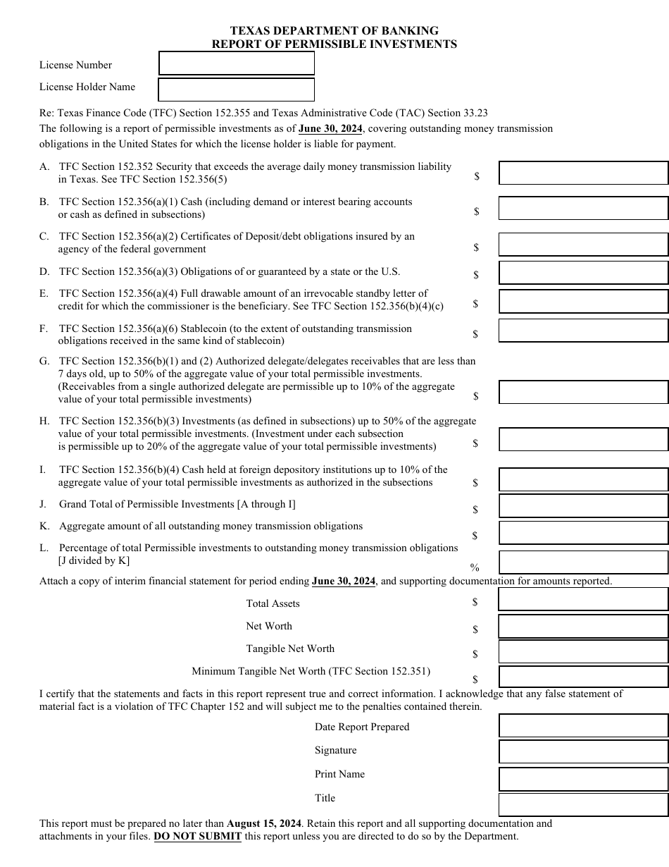 2024 Texas Chapter 152 Report of Permissible Investments - 2nd Quarter ...