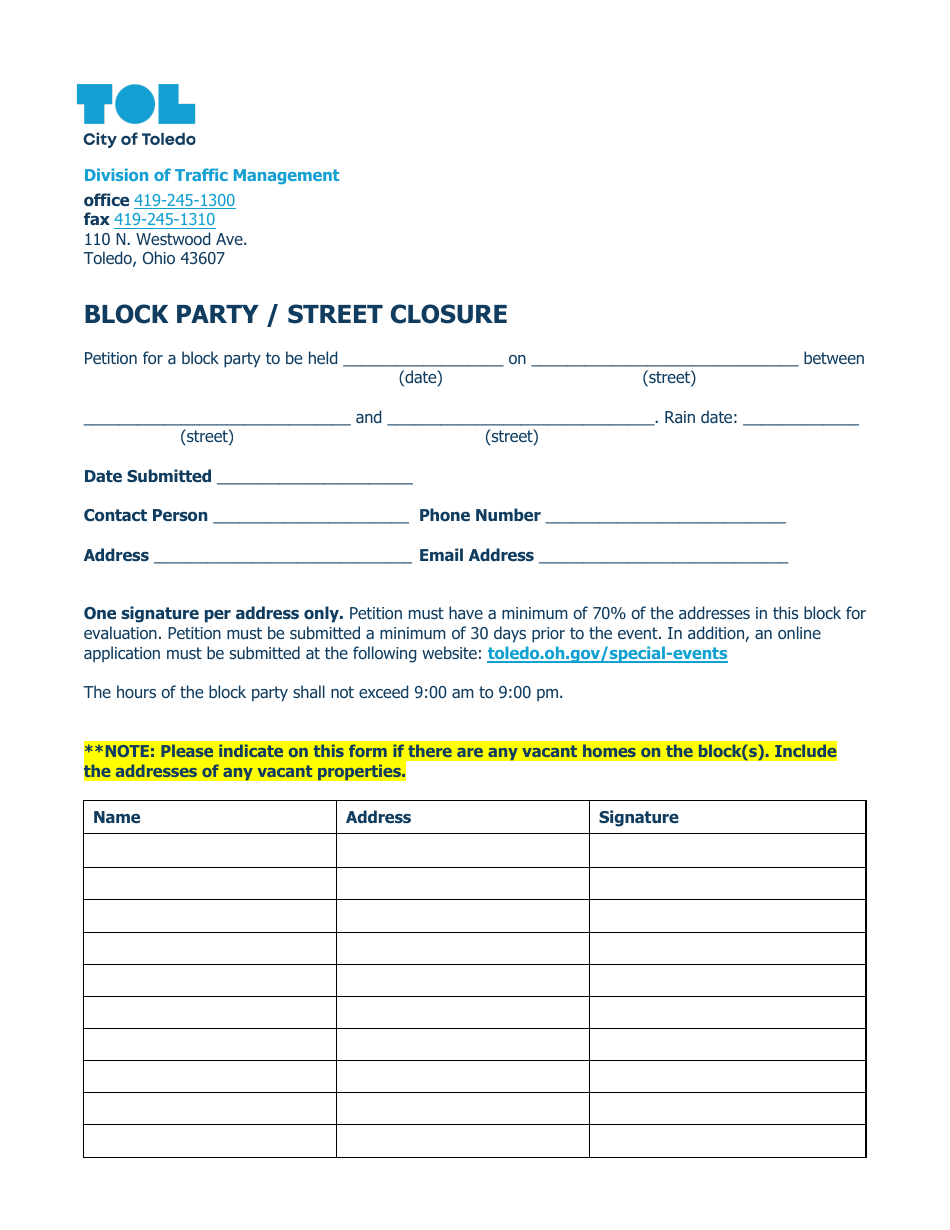City of Toledo, Ohio Block Party/Street Closure Petition - Fill Out ...