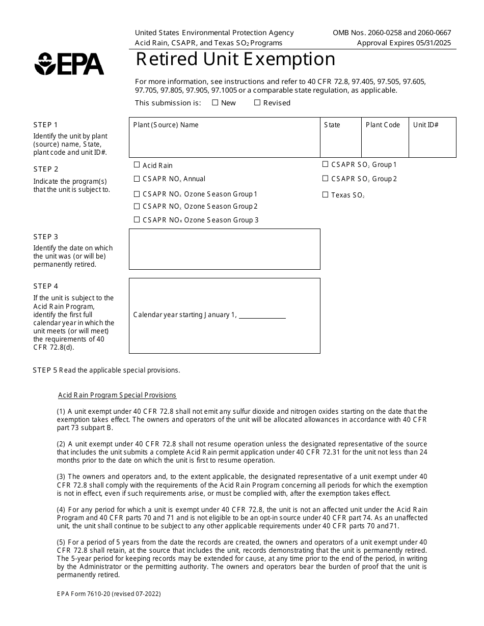 EPA Form 7610-20 Download Fillable PDF or Fill Online Retired Unit ...