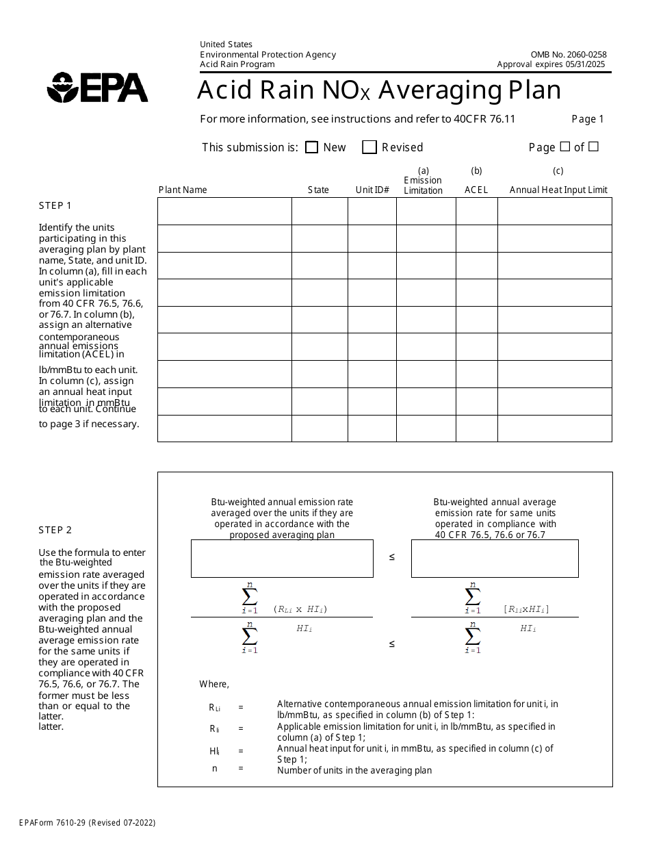 EPA Form 7610-29 Download Fillable PDF or Fill Online Acid Rain Nox ...