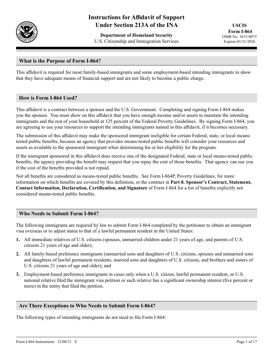 Download Instructions for USCIS Form I-864 Affidavit of Support Under Section 213a of the Ina ...