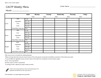 Washington CACFP Weekly Menu - Adult: Lunch, Snack, Supper - Fill Out ...