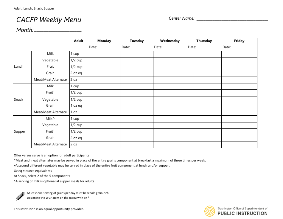 Washington CACFP Weekly Menu - Adult: Lunch, Snack, Supper - Fill Out ...