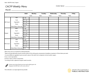 Washington CACFP Weekly Menu - Adult: Am/Pm Snack, Supper - Fill Out ...