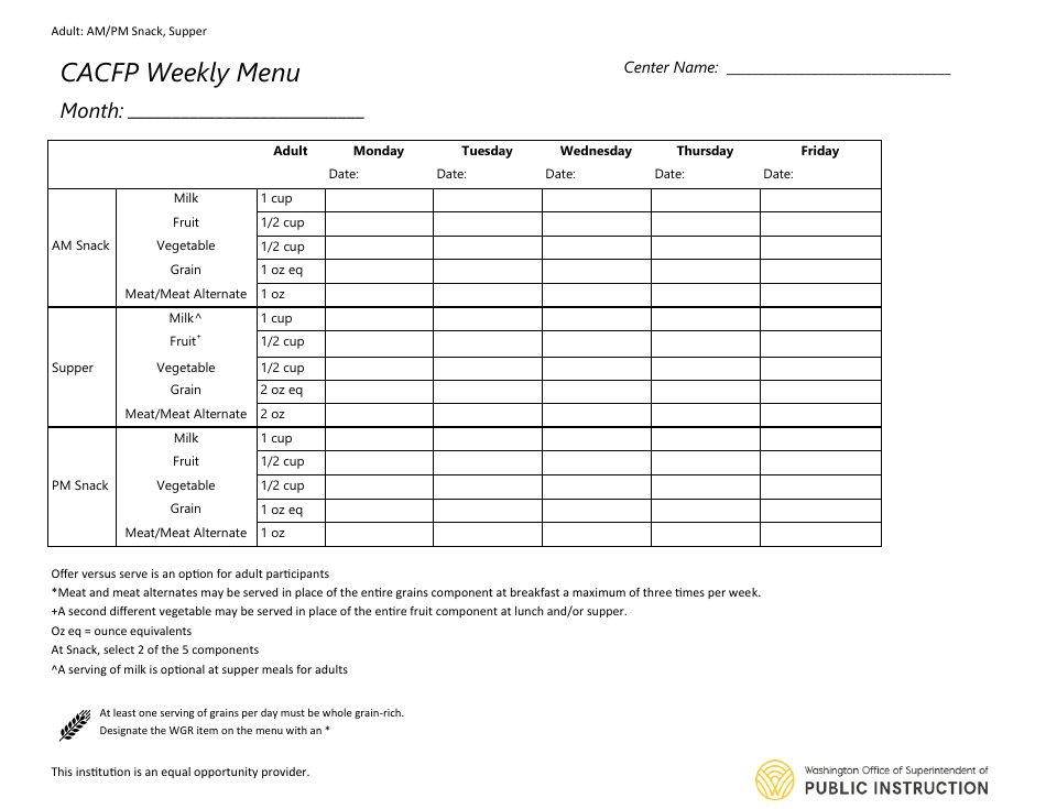 Washington CACFP Weekly Menu - Adult: Am/Pm Snack, Supper - Fill Out ...