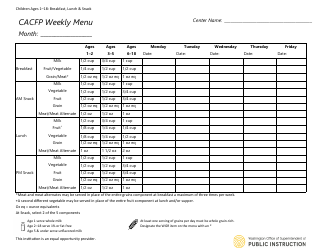 Washington CACFP Weekly Menu - Children Ages 1-18: Breakfast, Lunch ...
