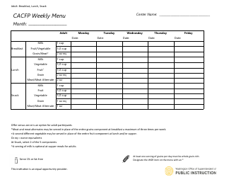 Washington CACFP Weekly Menu - Adult: Breakfast, Lunch, Snack - Fill ...