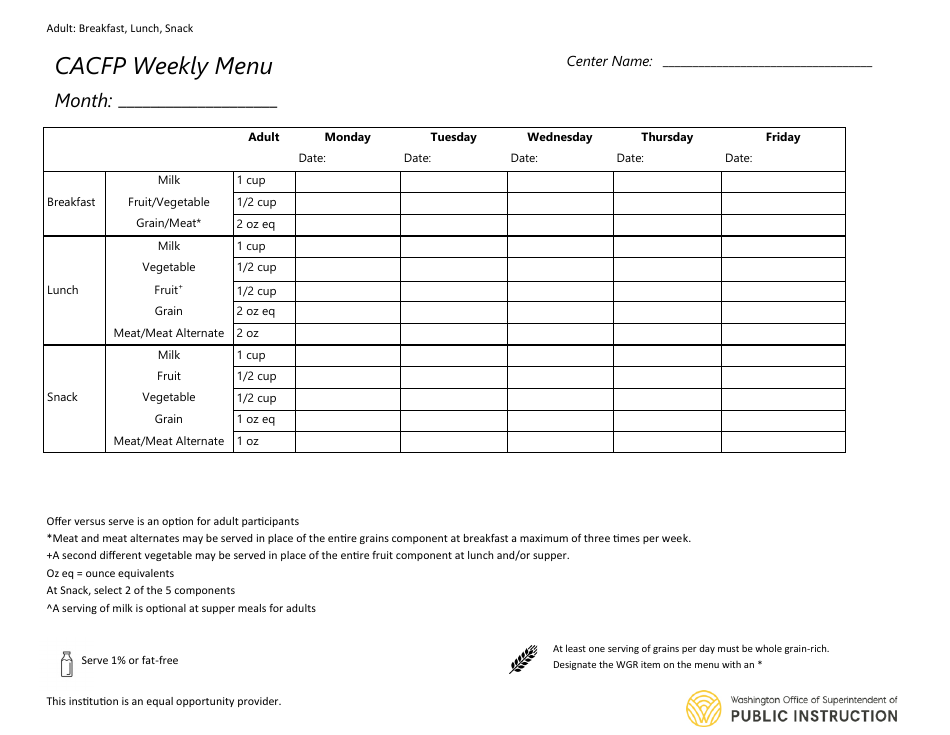 Washington CACFP Weekly Menu - Adult: Breakfast, Lunch, Snack - Fill ...