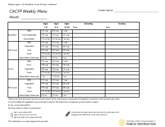 Washington CACFP Weekly Menu - Children Ages 1-18: Breakfast, Lunch ...