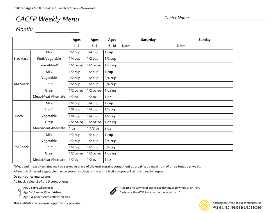 Washington CACFP Weekly Menu - Children Ages 1-18: Breakfast, Lunch ...