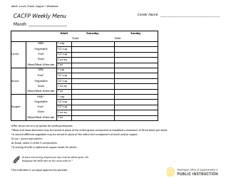 Washington CACFP Weekly Menu - Adult: Lunch, Snack, Supper - Weekend ...