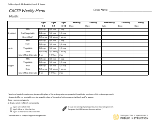 Washington CACFP Weekly Menu - Children Ages 1-18: Breakfast, Lunch ...