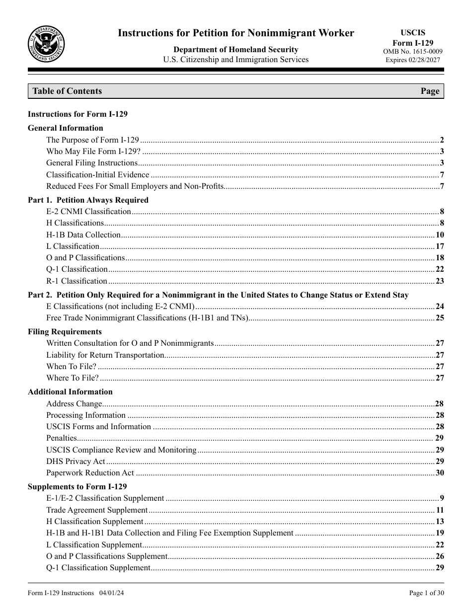 Download Instructions for USCIS Form I-129 Petition for a Nonimmigrant ...