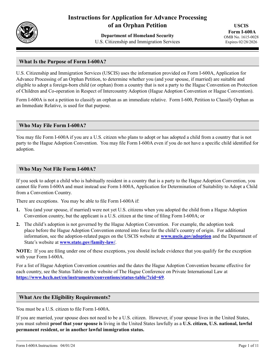 Download Instructions for USCIS Form I-600A Application for Advance ...