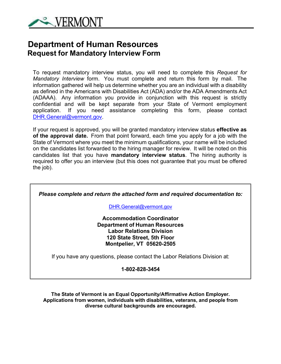 Vermont Request for Mandatory Interview Form - Fill Out, Sign Online and Download PDF ...