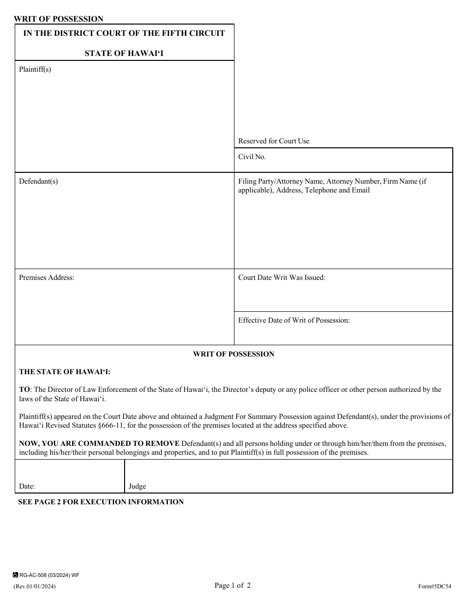 Form 5DC54 Download Fillable PDF or Fill Online Writ of Possession ...