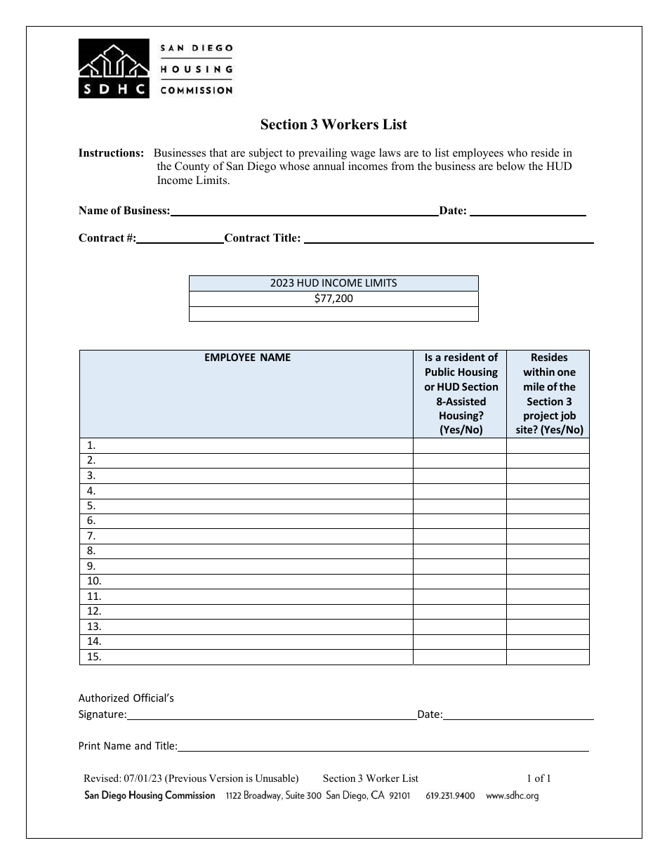 2023 City of San Diego, California Section 3 Workers List - Fill Out ...