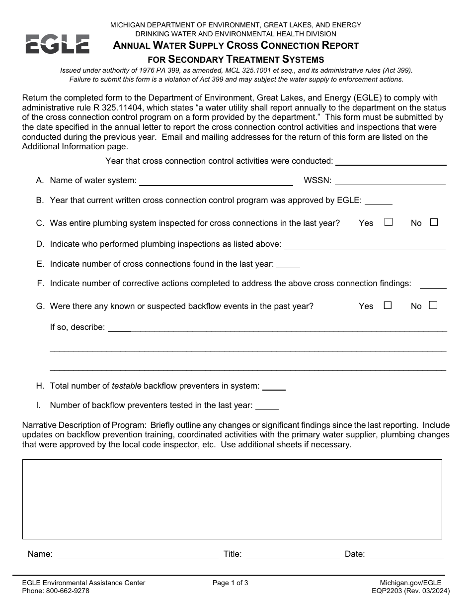 Form EQP2203 Download Fillable PDF or Fill Online Annual Water Supply ...