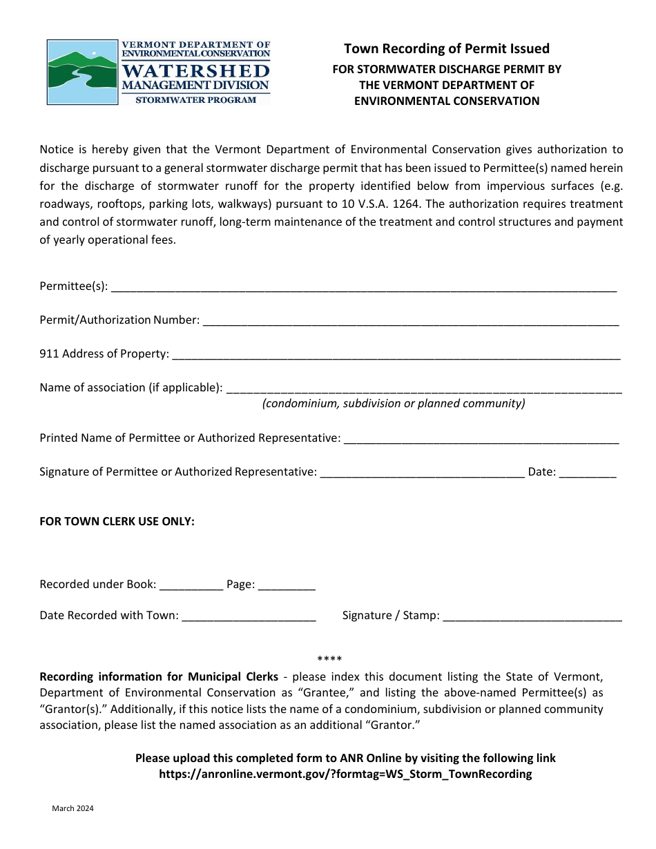 Vermont Town Recording of Permit Issued for Stormwater Discharge Permit ...