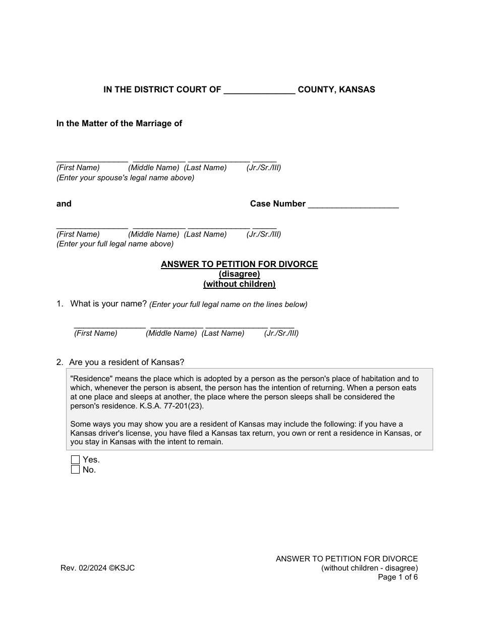 Kansas Answer to Petition for Divorce (Disagree) (Without Children ...