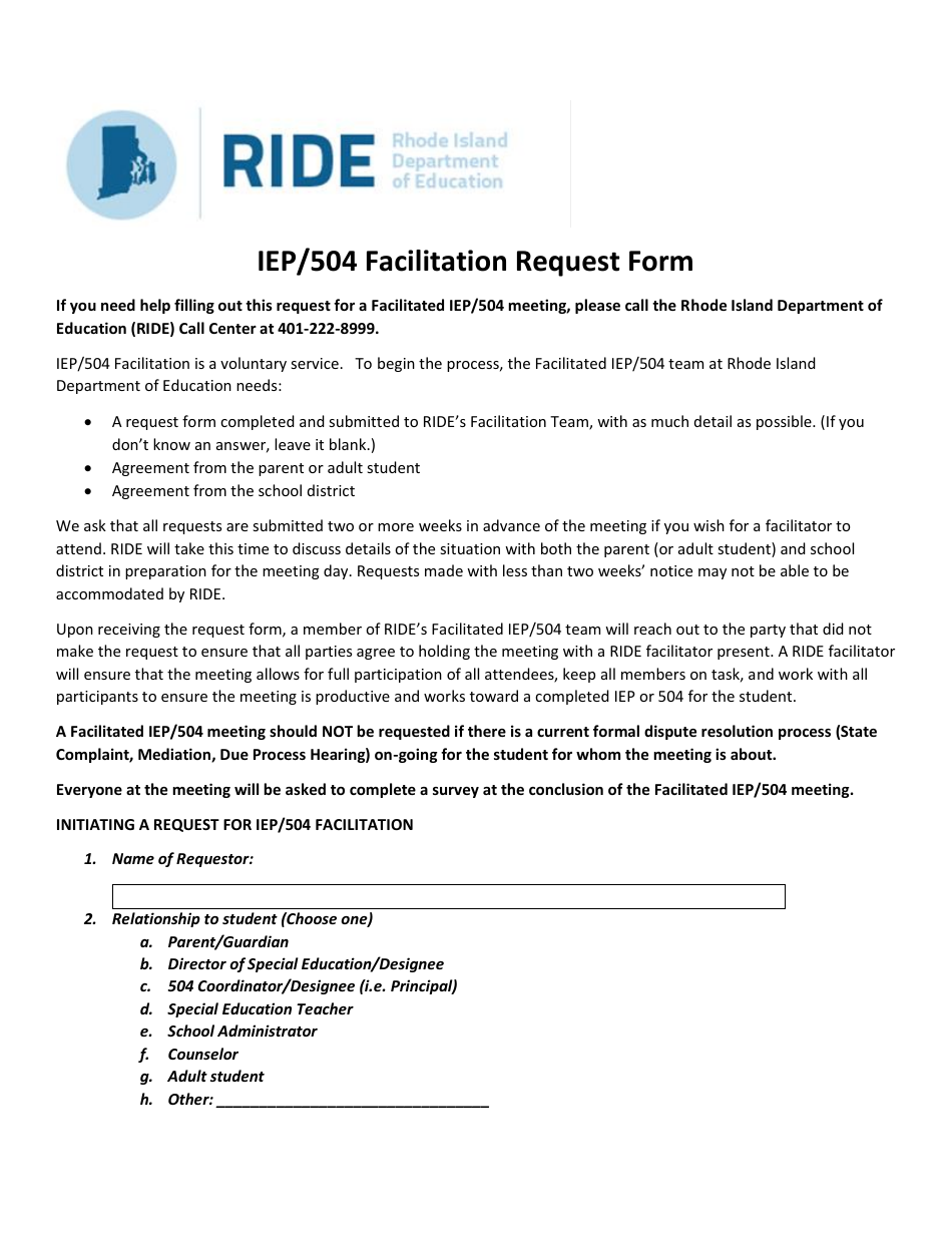 Rhode Island Iep/504 Facilitation Request Form - Fill Out, Sign Online ...