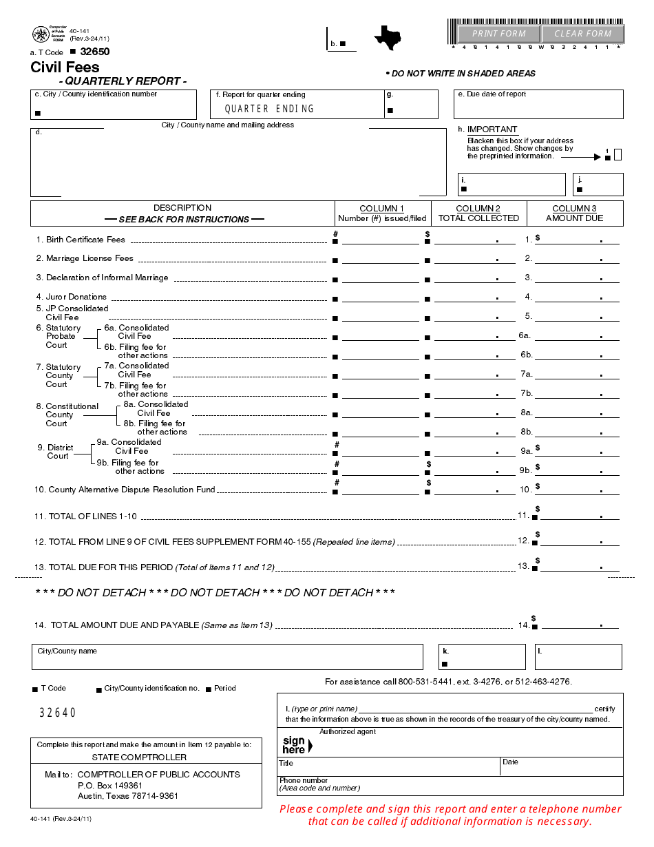 Form 40-141 Download Fillable PDF or Fill Online Civil Fees Quarterly ...