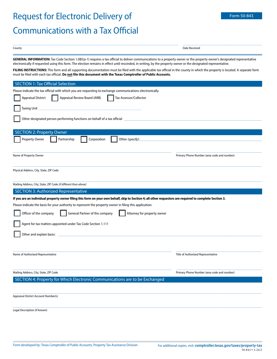Form 50-843 Download Fillable PDF or Fill Online Request for Electronic ...