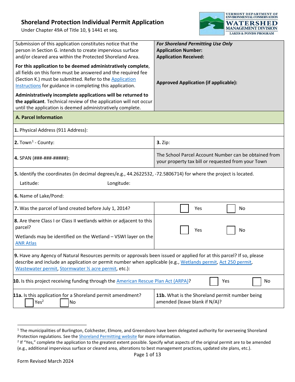 Vermont Shoreland Protection Individual Permit Application - Fill Out ...