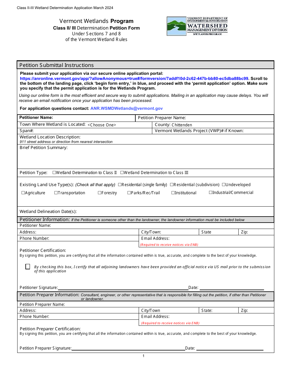 Vermont Class II/ Iii Determination Petition Form - Vermont Wetlands ...