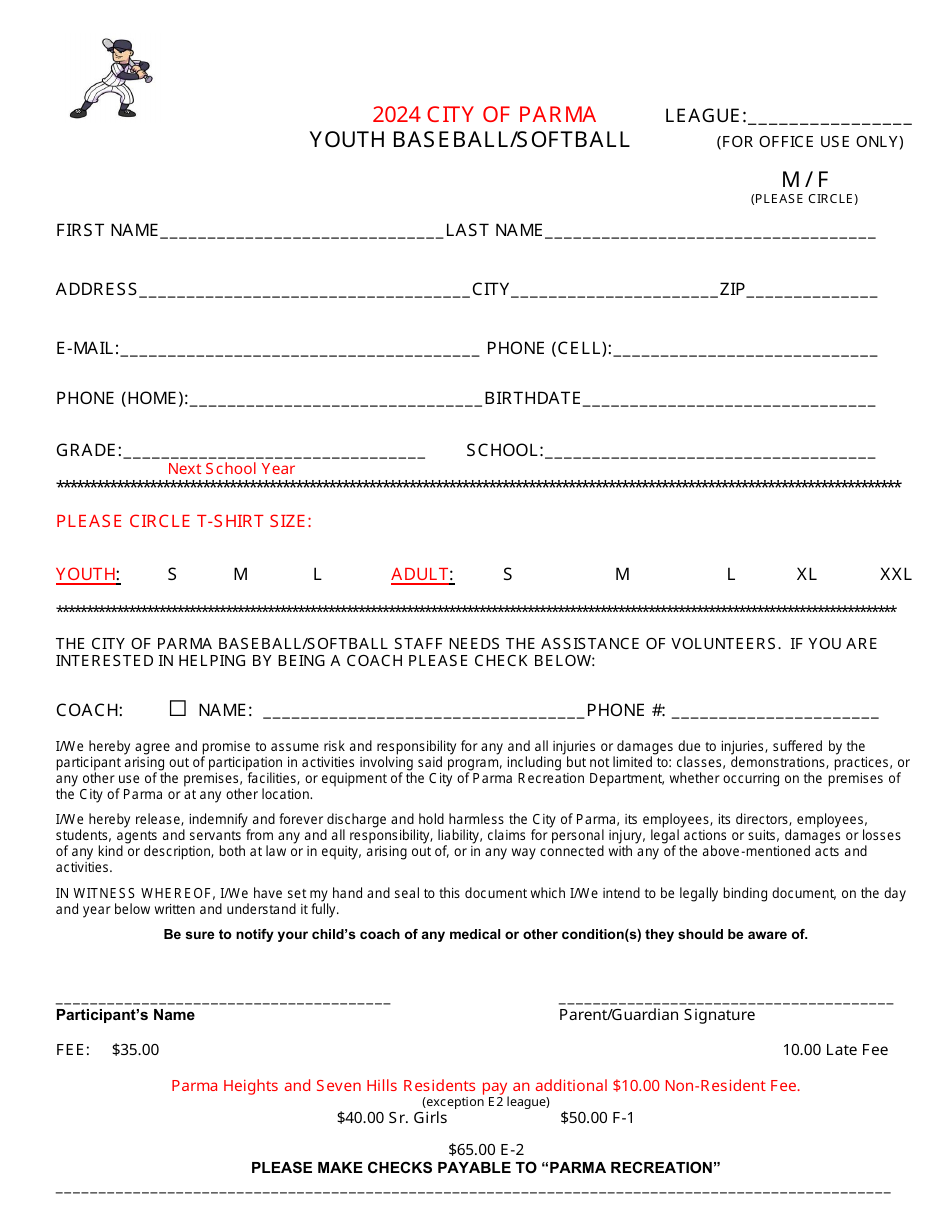 2024 City of Parma, Ohio Youth Baseball/Softball Registration Form - Fill Out, Sign Online and ...