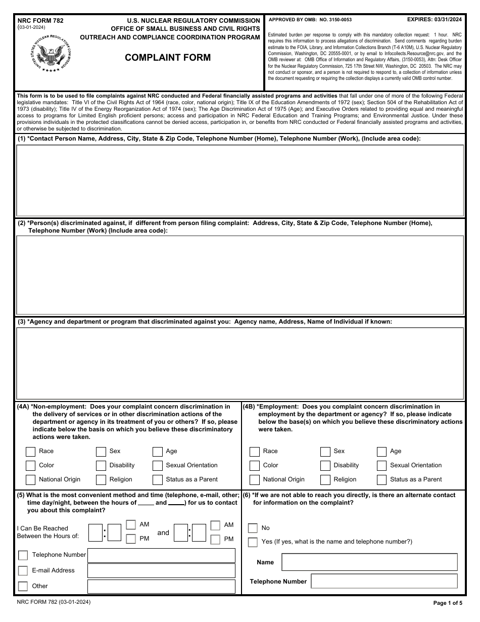 NRC Form 782 Download Fillable PDF or Fill Online Complaint Form 2017 ...