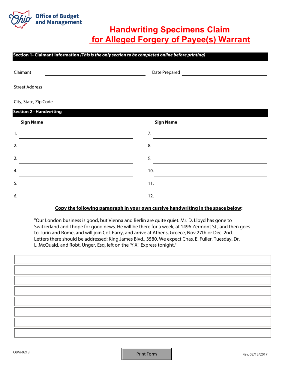 Form OBM-0213 - Fill Out, Sign Online and Download Fillable PDF, Ohio ...