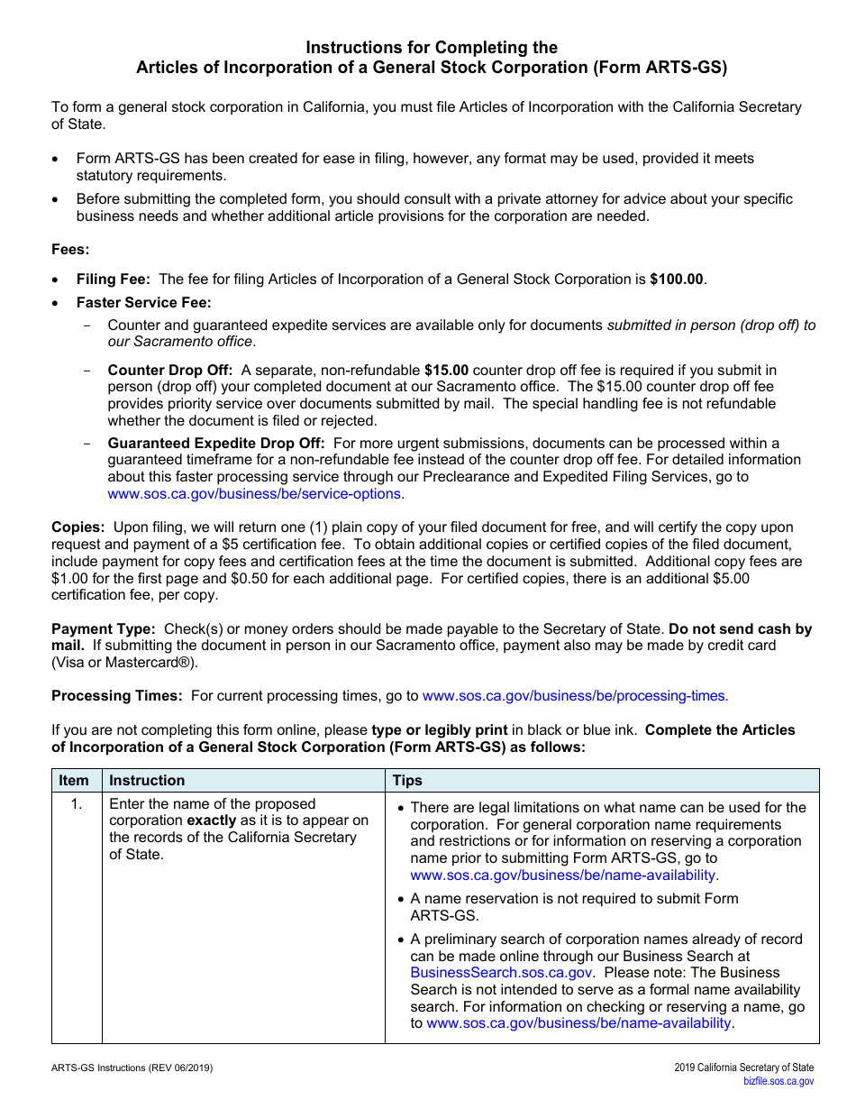 Form ARTS-GS Download Fillable PDF or Fill Online Articles of ...
