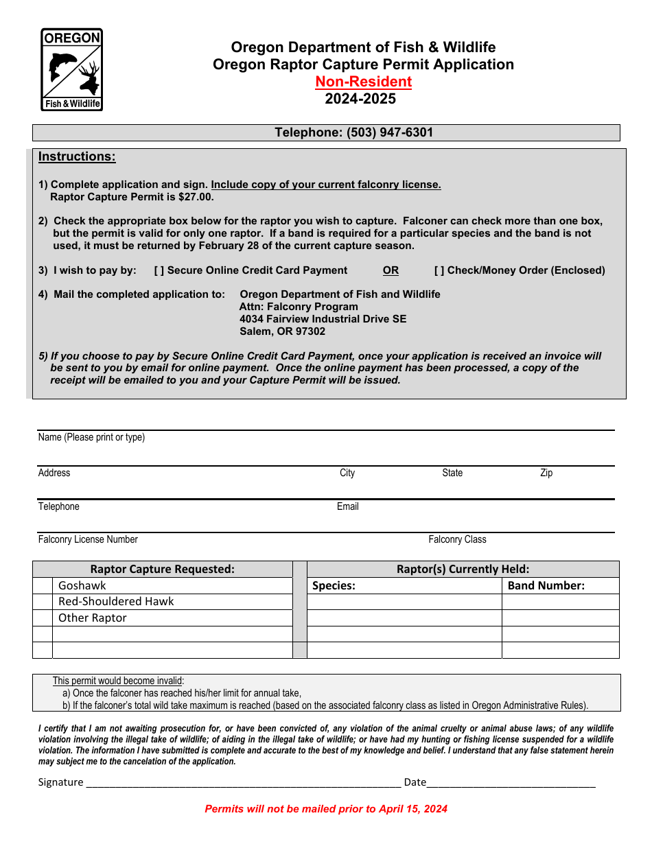 2025 Oregon Oregon Raptor Capture Permit Application - Non-resident ...