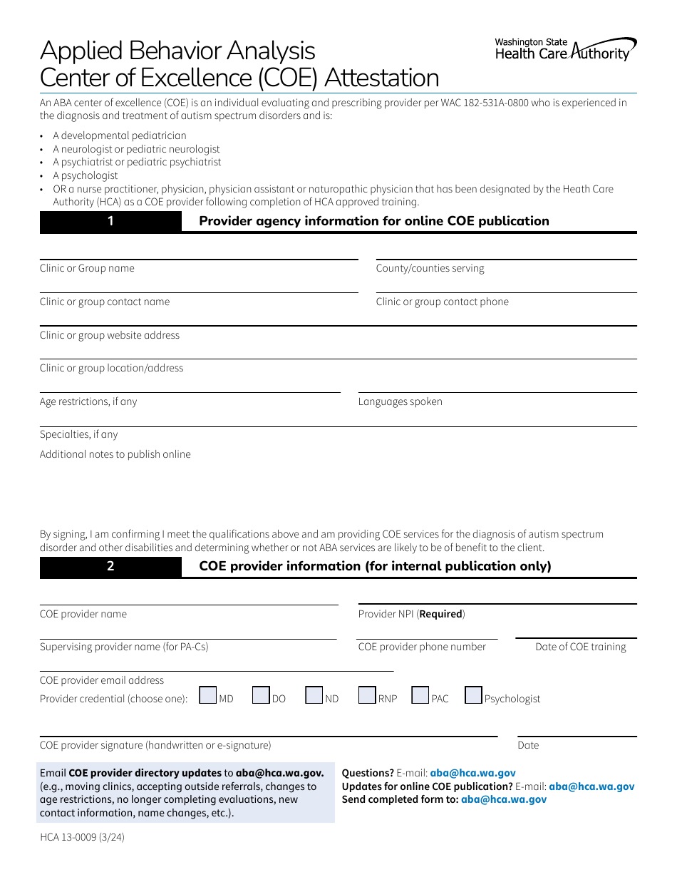 Form HCA13-0009 Download Fillable PDF or Fill Online Applied Behavior ...