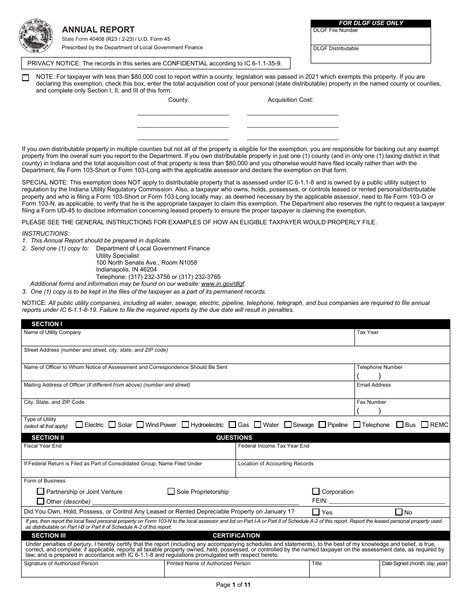 State Form 40408 (U.D. Form 45) Download Fillable PDF or Fill Online ...