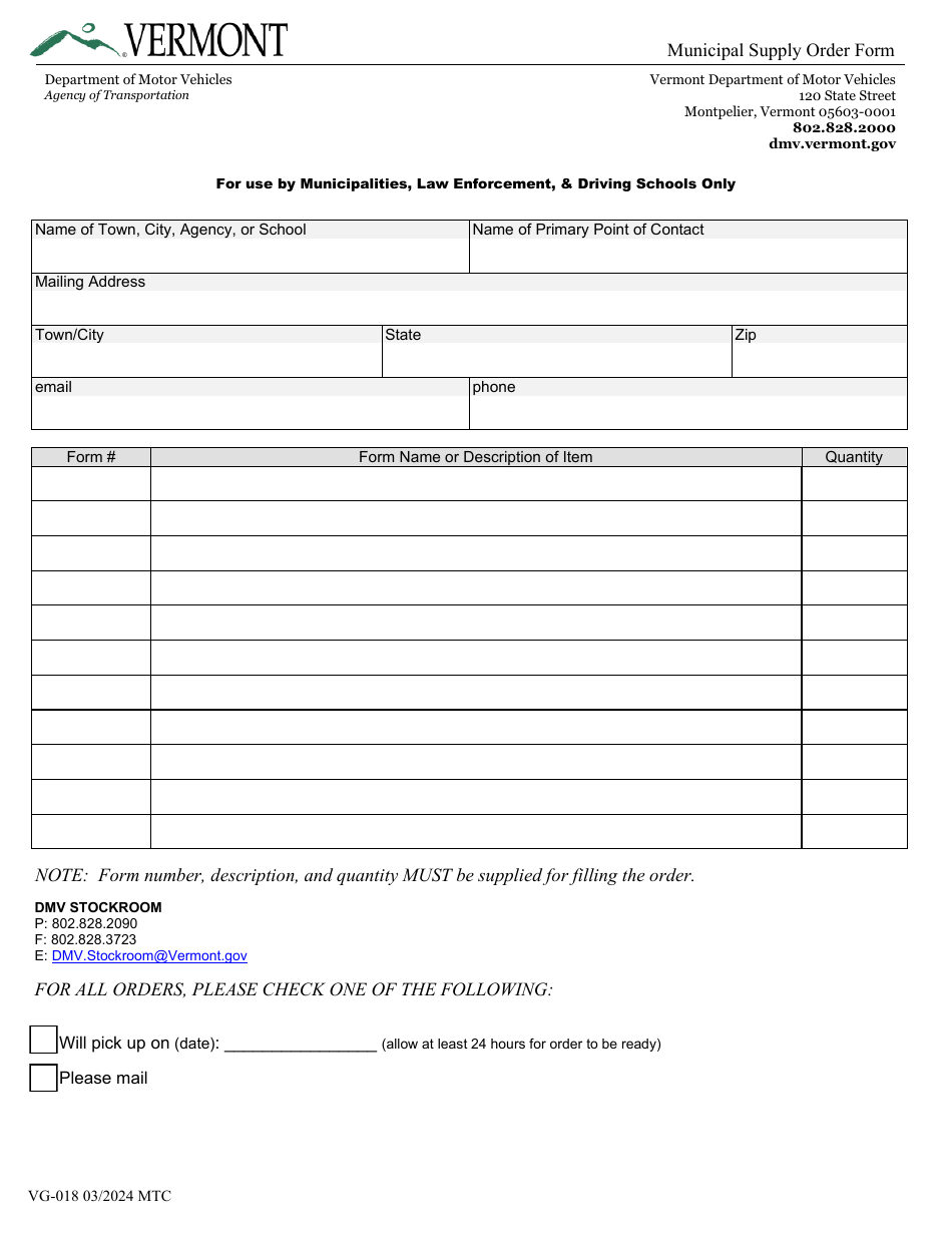 Form VG-018 Download Fillable PDF or Fill Online Municipal Supply Order ...